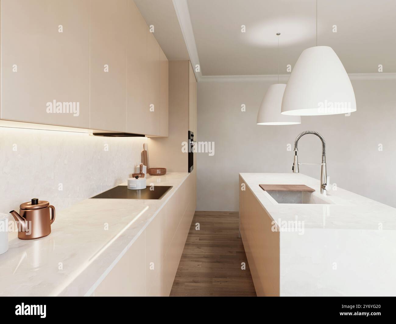 Modern minimalist kitchen. Beige glossy cabinets, large white quartz ...