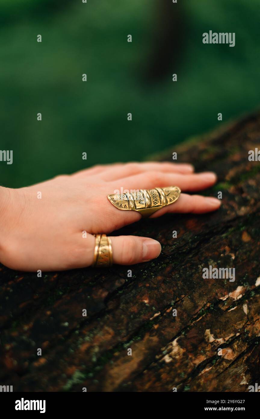 hand with rings lies on a tree Stock Photo - Alamy