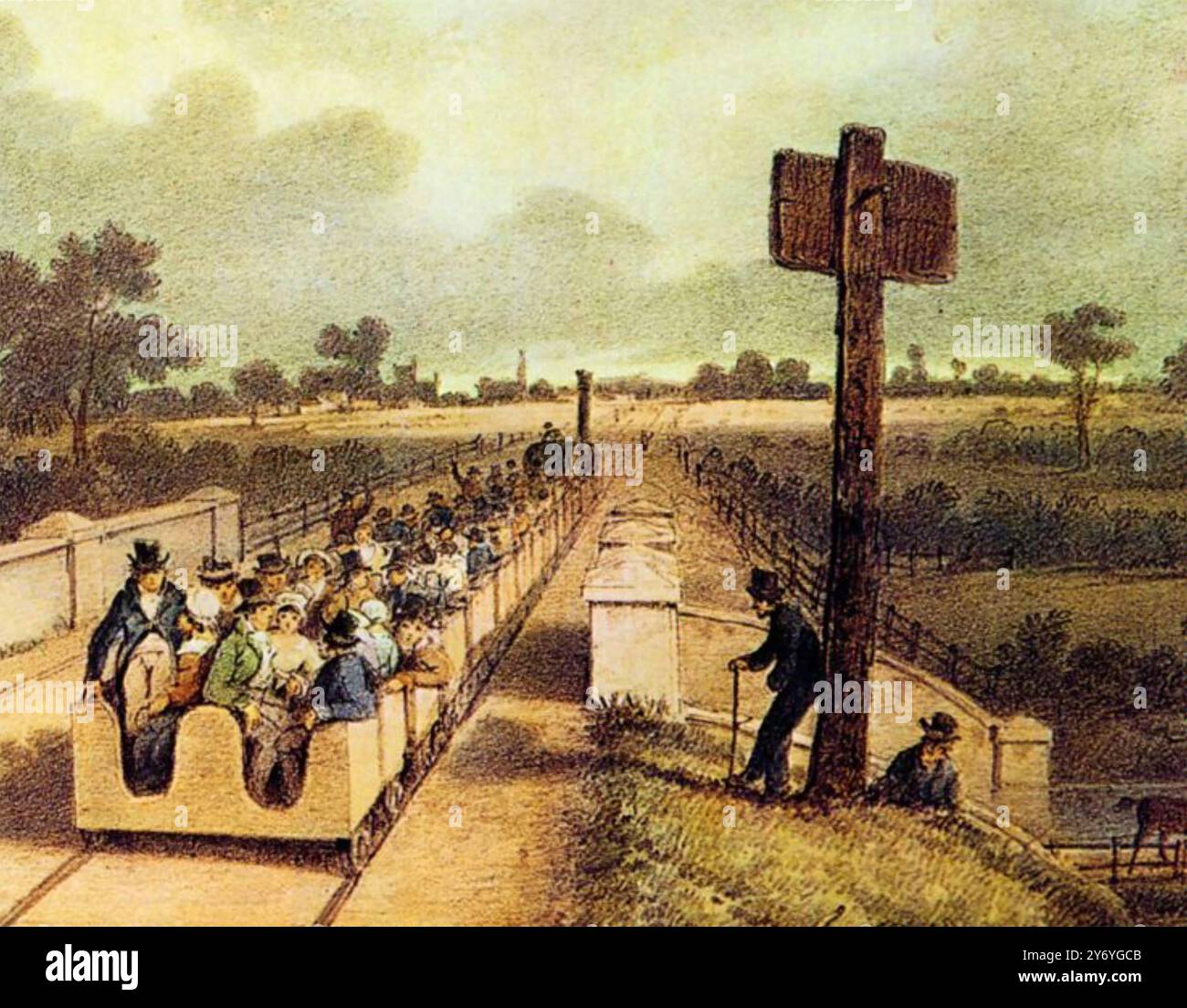 LIVERPOOL AND MANCHESTER RAILWAY An 1830 lithograph of the open train ...