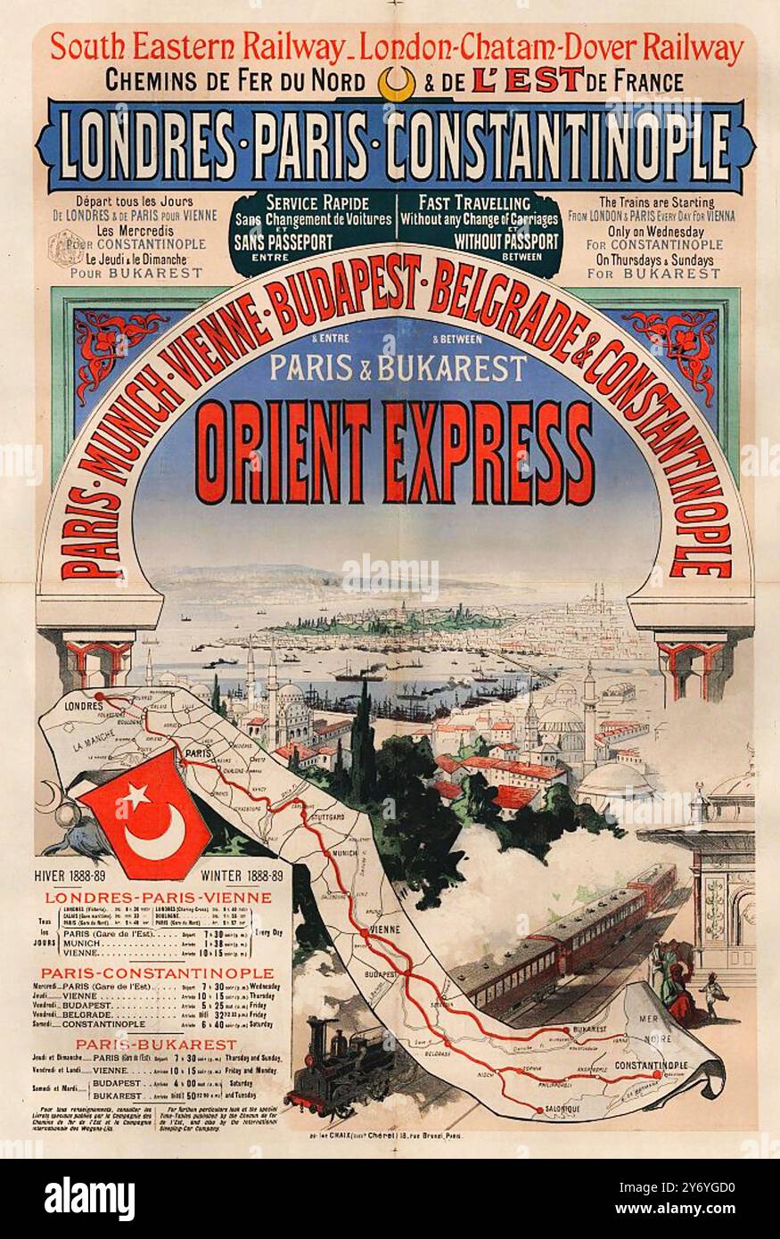 ORIENT EXPRESS Poster for the winter timetable 1888-1889 showing the ...