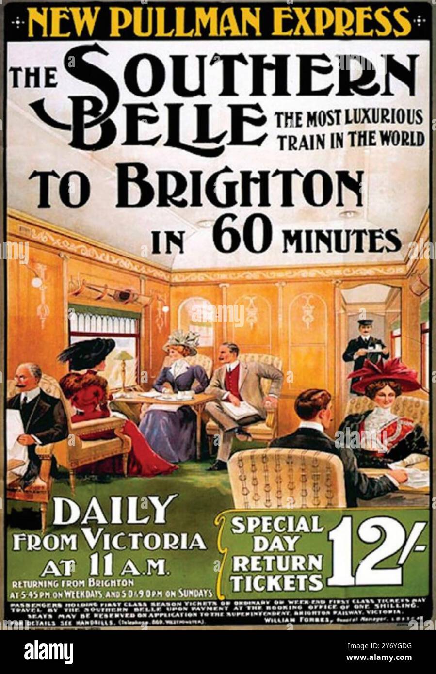 SOUTHERN BELLE Poster about 1888 advertising the London to Brighton rail service using luxurious ...