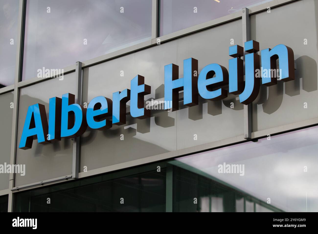 Albert Heijn supermarket logo at Utrecht Central Station Utrecht., the largest supermarket chain ...