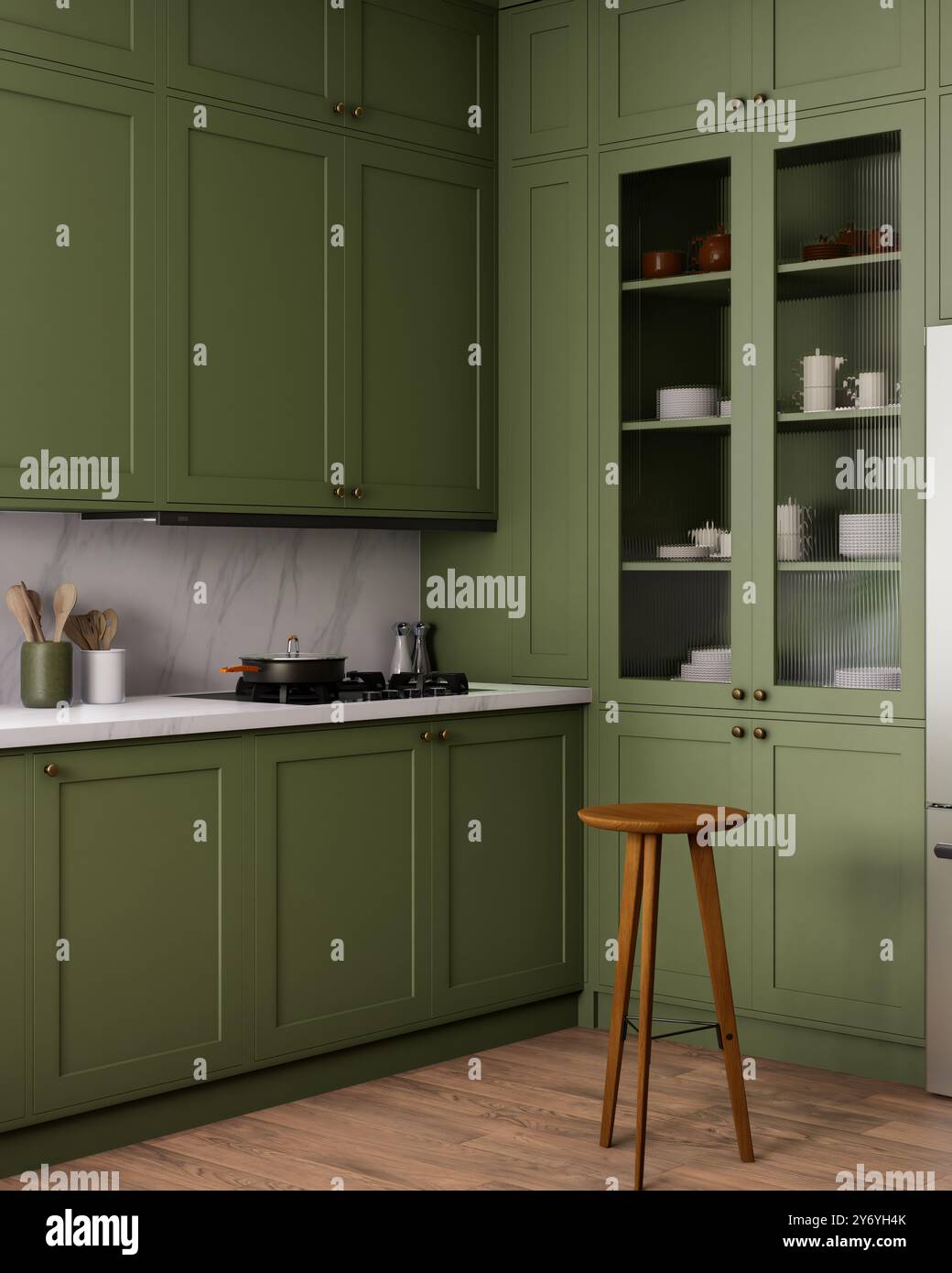 A modern green kitchen featuring a sleek design with beautiful natural ...