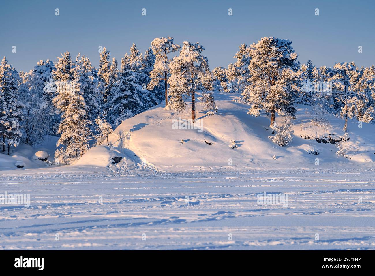 Frozen and snowy Lake Inari in winter, seen at sunset (Lapland, Finland ...