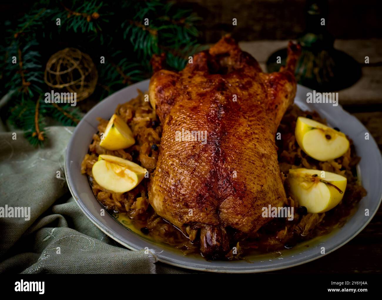 the duck baked with sauerkraut. traditional Russian and Ukrainian New ...