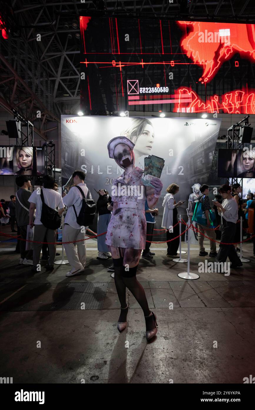 Chiba, Japan. 26th Sep, 2024. Konami booth hostess dressed in Silent ...