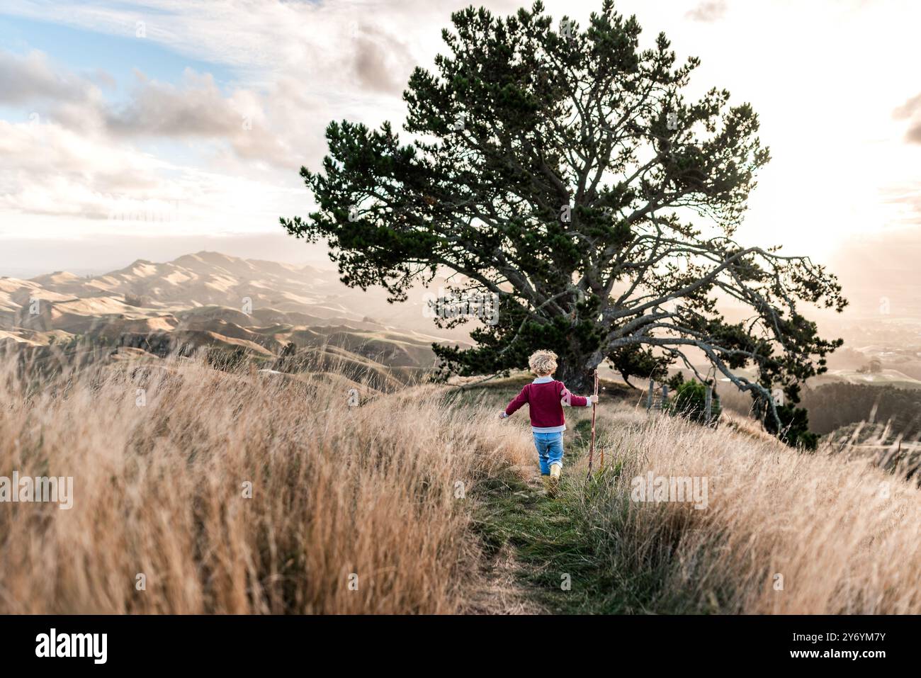 Child running on hilltop path in beautiful light Stock Photo - Alamy