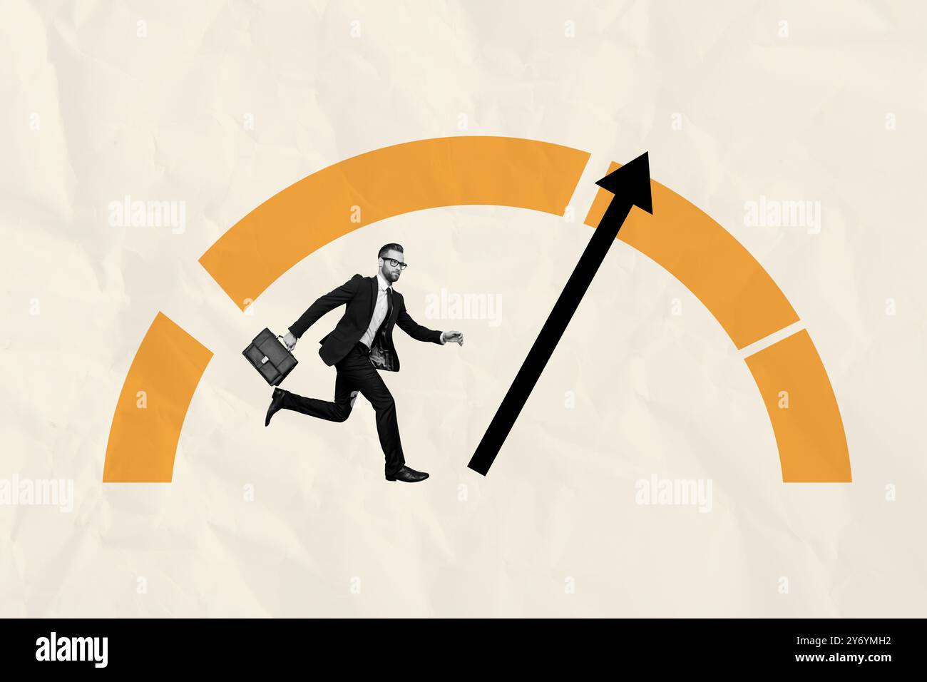 Collage young businessman boss run fast speedometer arrow rush hurry ...