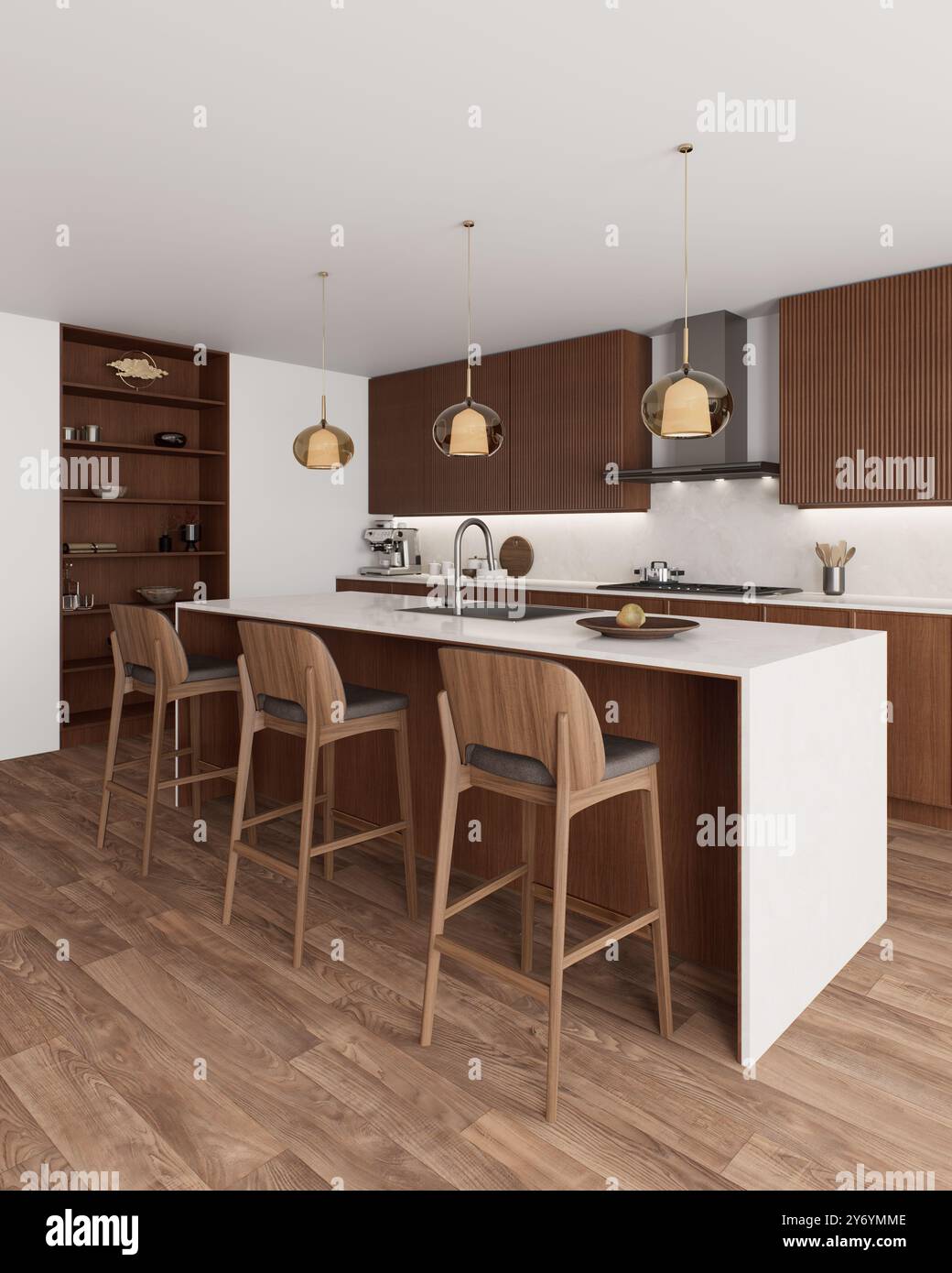 This modern kitchen features warm wood accents and a sleek, highly ...