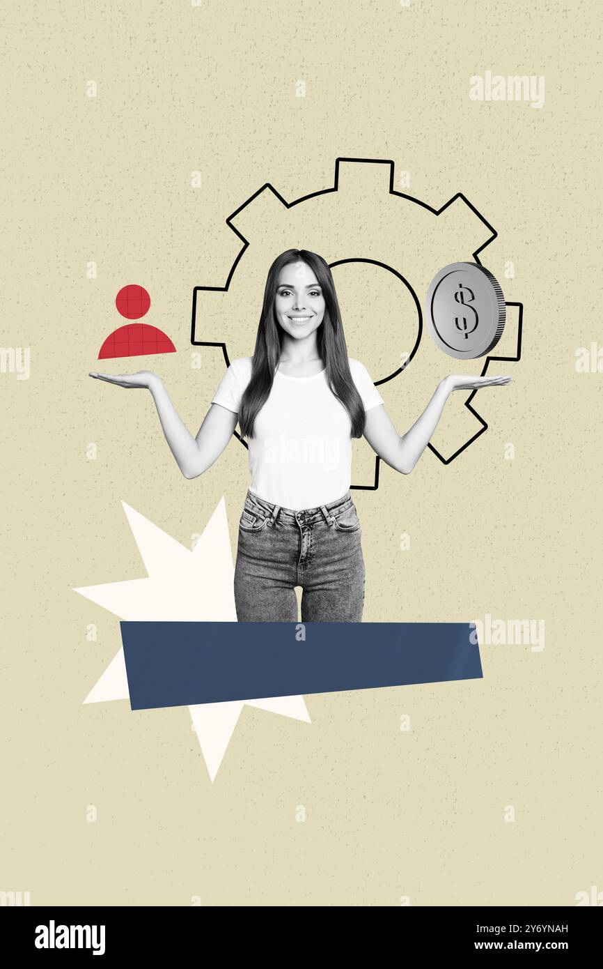 Vertical poster collage young cheerful woman recruiter employment hold ...