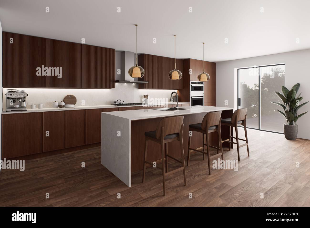 A modern kitchen features sleek design with natural elements for an ...