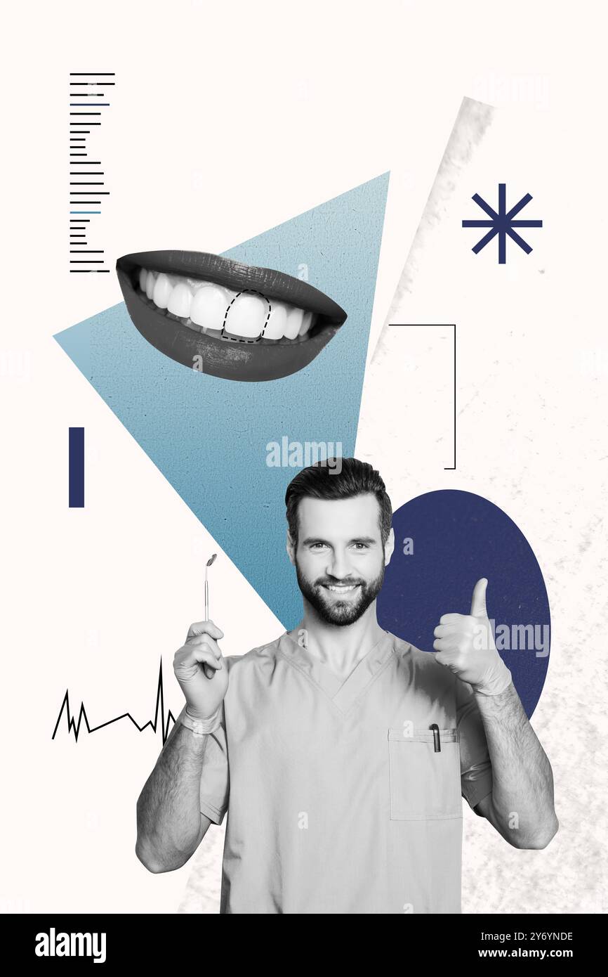 Vertical collage poster young man thumb up approval acceptance mouth ...
