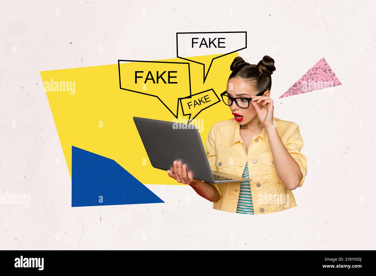 Creative collage picture young woman laptop digital device remote ...