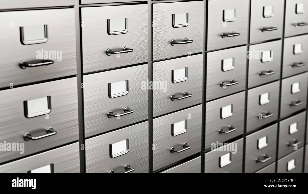 Filing cabinet with many closed drawers. 3D illustration Stock Photo ...