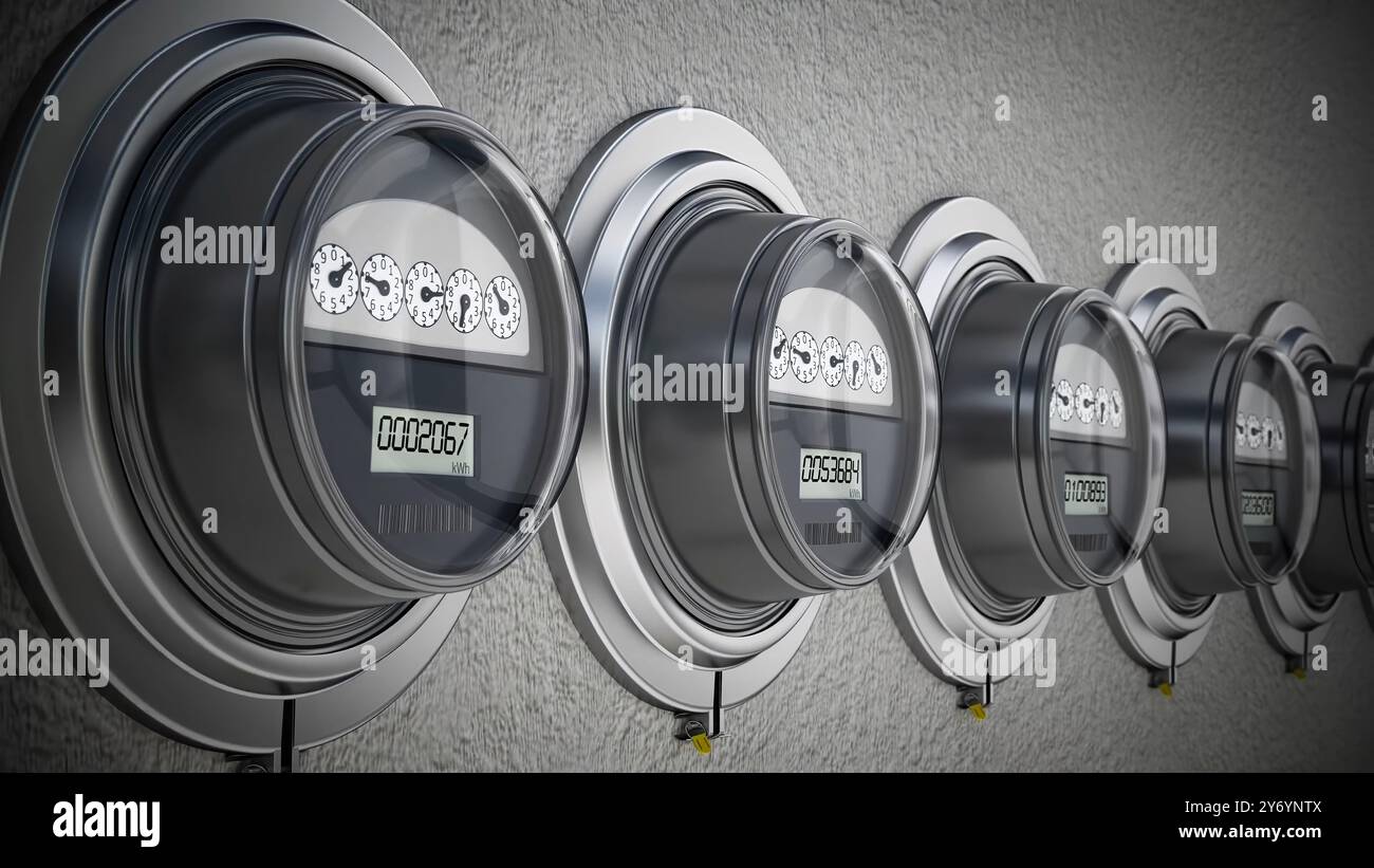 Electric meters in a row installed on the wall. 3D illustration Stock ...
