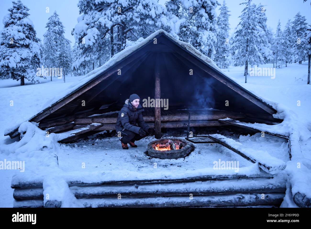 Wooden fireplace (laavu in Finnish) on Ounasvaara mountain in Rovaniemi ...