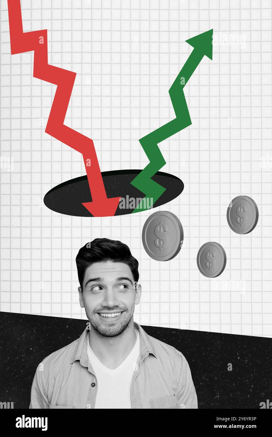 Vertical collage young man economy arrows charts improvement ...