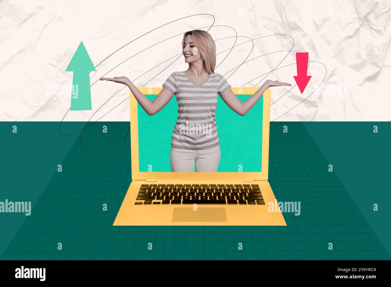 Creative collage young cheerful woman laptop digital device arrows ...