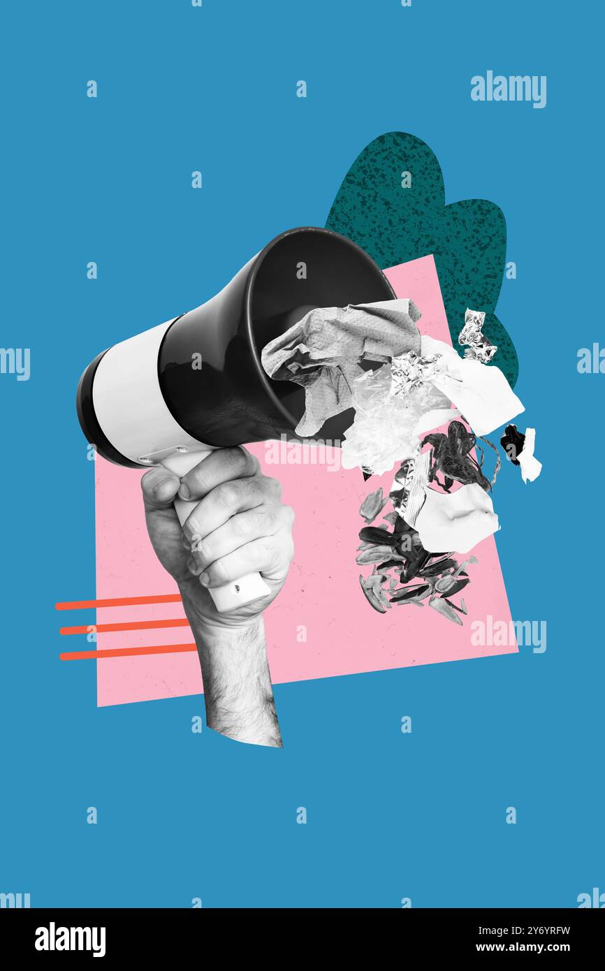 Vertical collage hand body fragment announce information trash ...