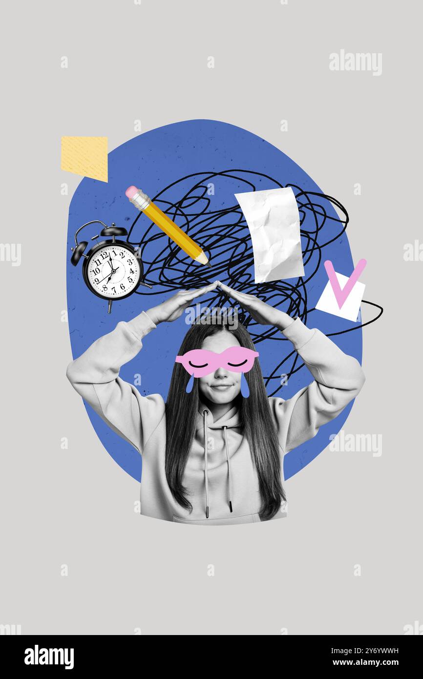 Vertical collage young woman ignore workload hands roof avoid drawing ...