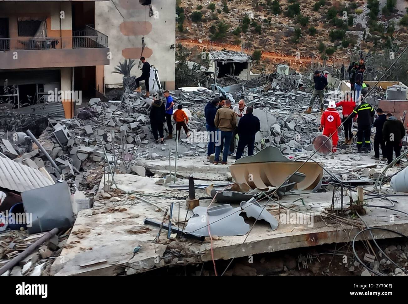 Shebaa, Lebanon. 27th Sep, 2024. Lebanese Red cross workers inspect a ...