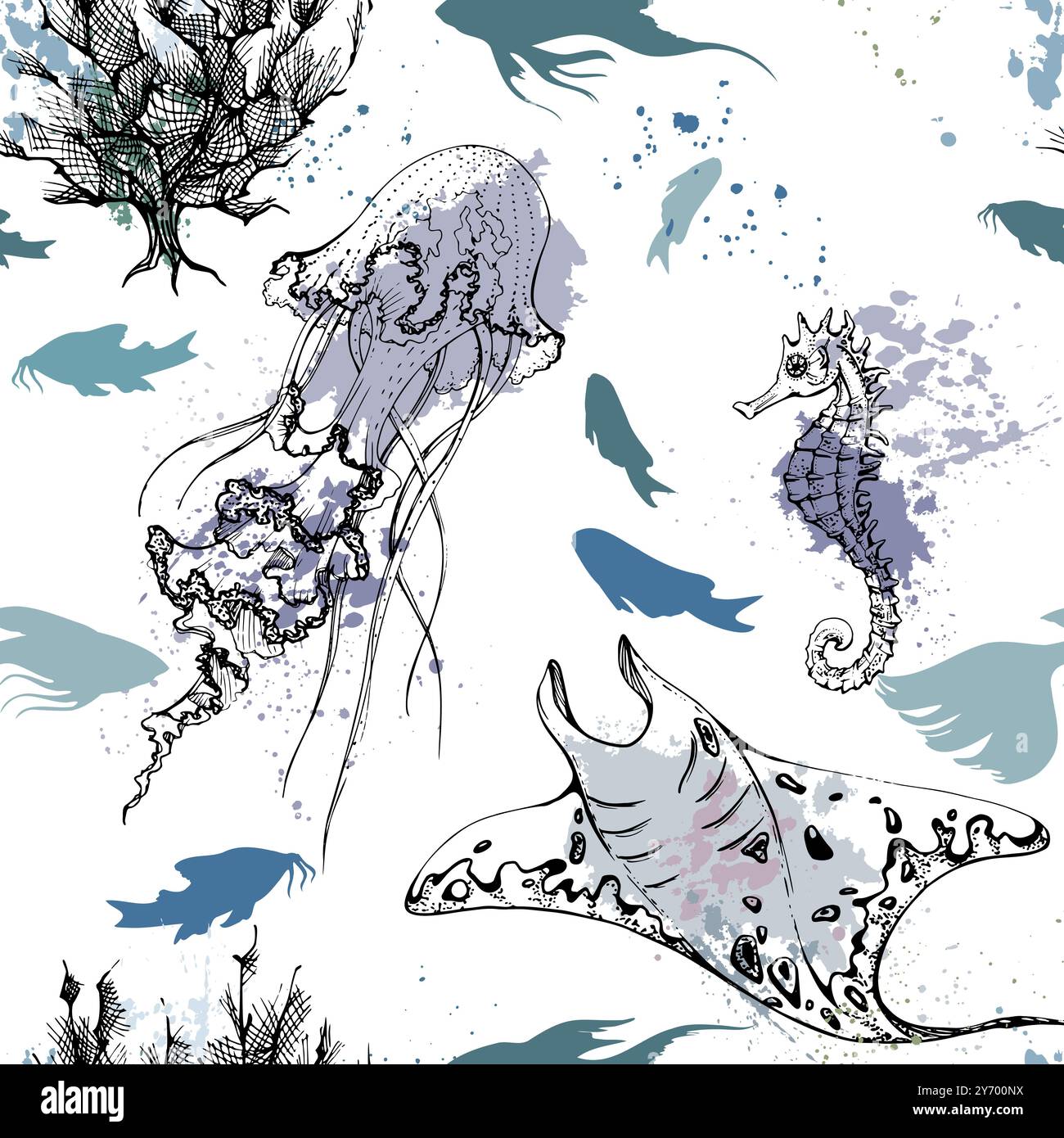 Marine life, sea ocean underwater creatures fish, shells algae seaweed ...