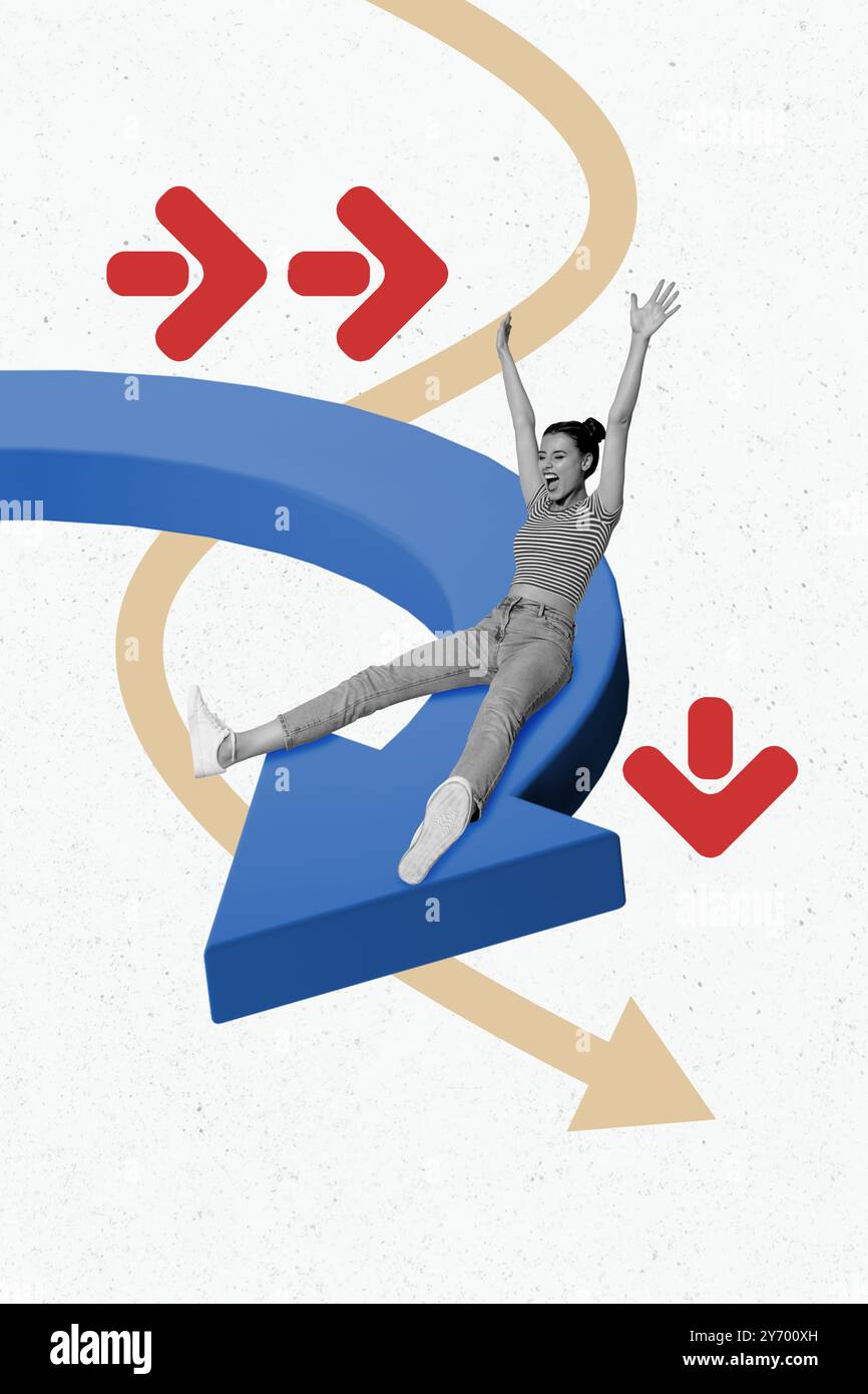 Vertical photo collage of inexperienced angry girl ride arrow point ...