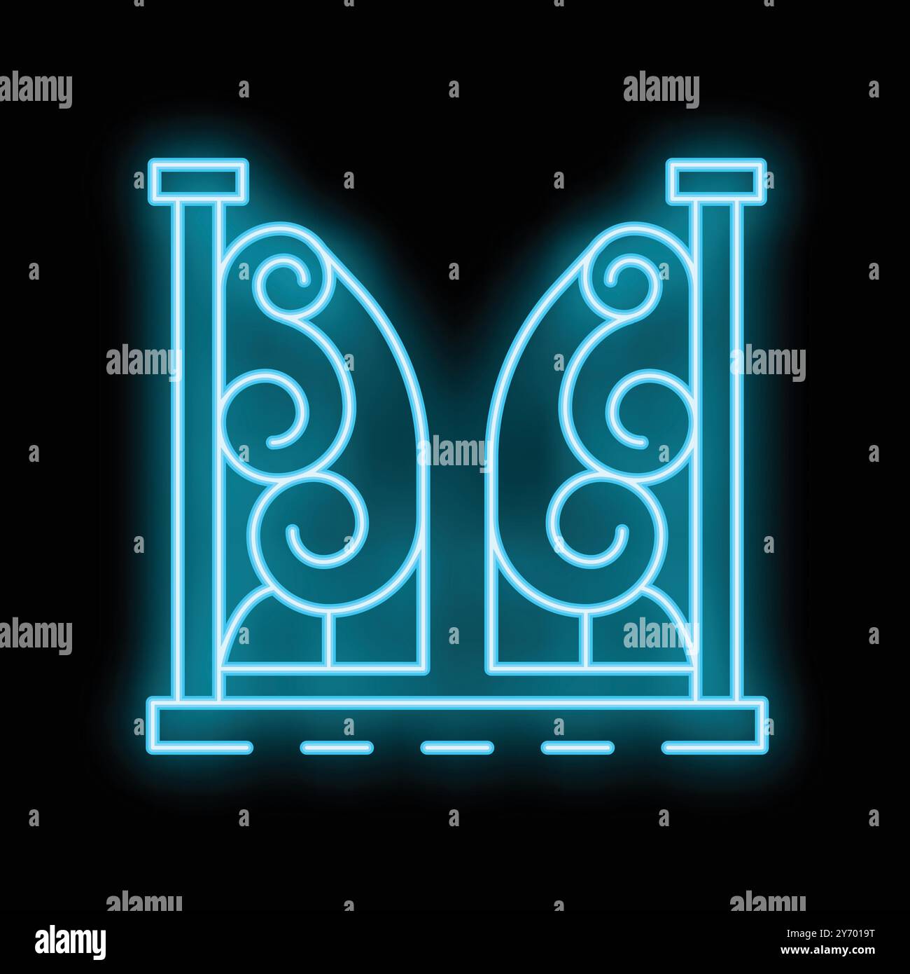 Neon light sign depicting a wrought iron fence gate with swirls on a ...