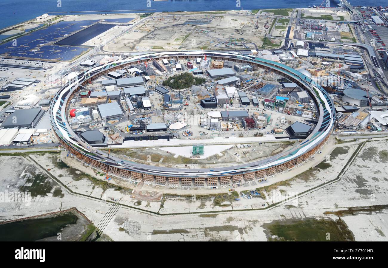 An aerial photo shows Yumeshima, the venue for Expo 2025 Osaka, Kansai ...