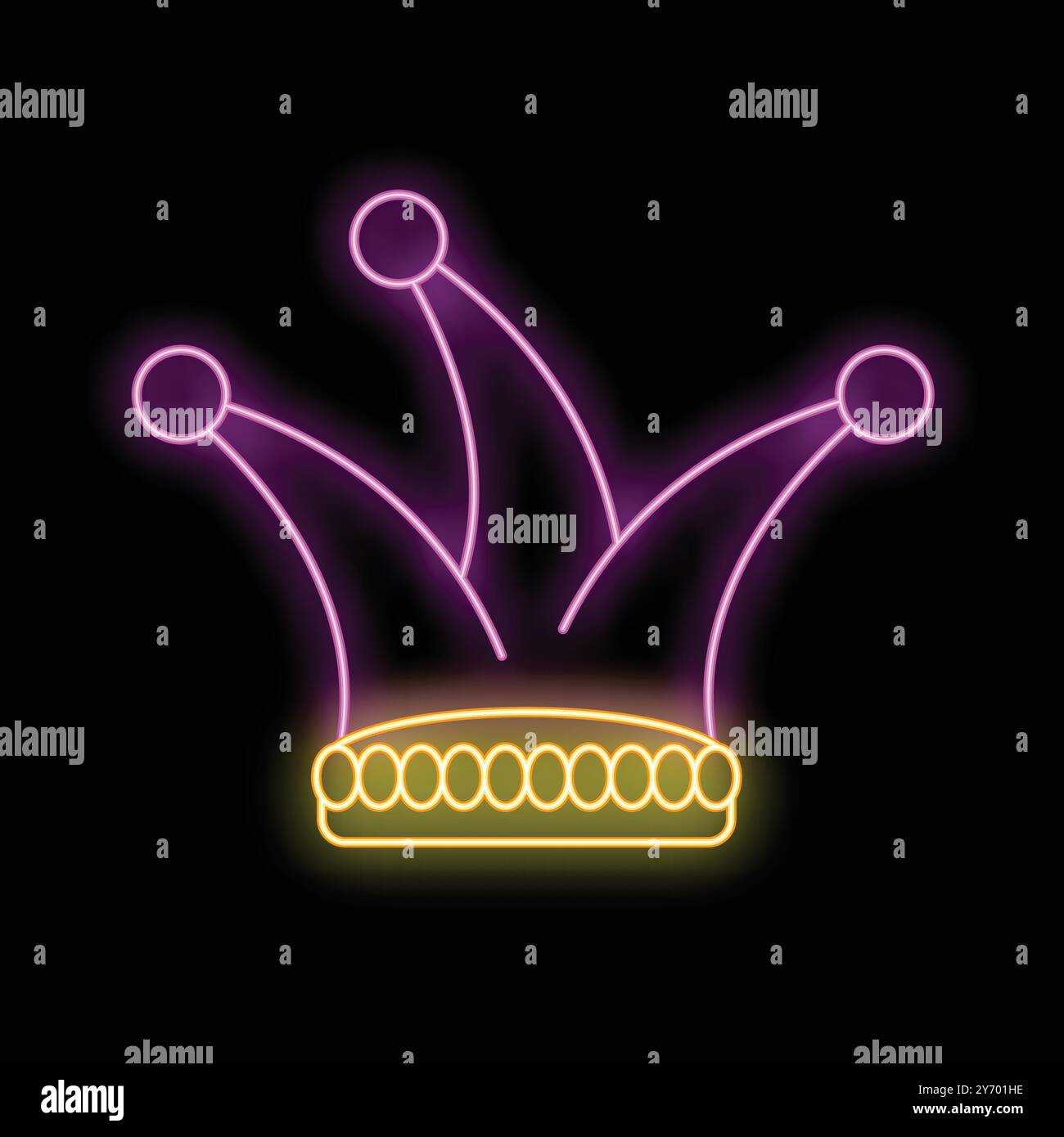 Glowing neon sign of a jester hat with bells, representing ...
