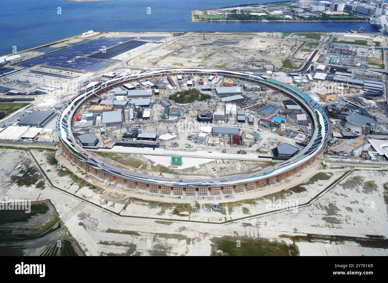 An aerial photo shows Yumeshima, the venue for Expo 2025 Osaka, Kansai ...