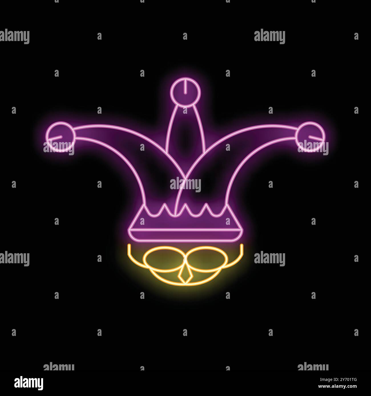 Purple and yellow neon sign representing a jester hat on a black ...