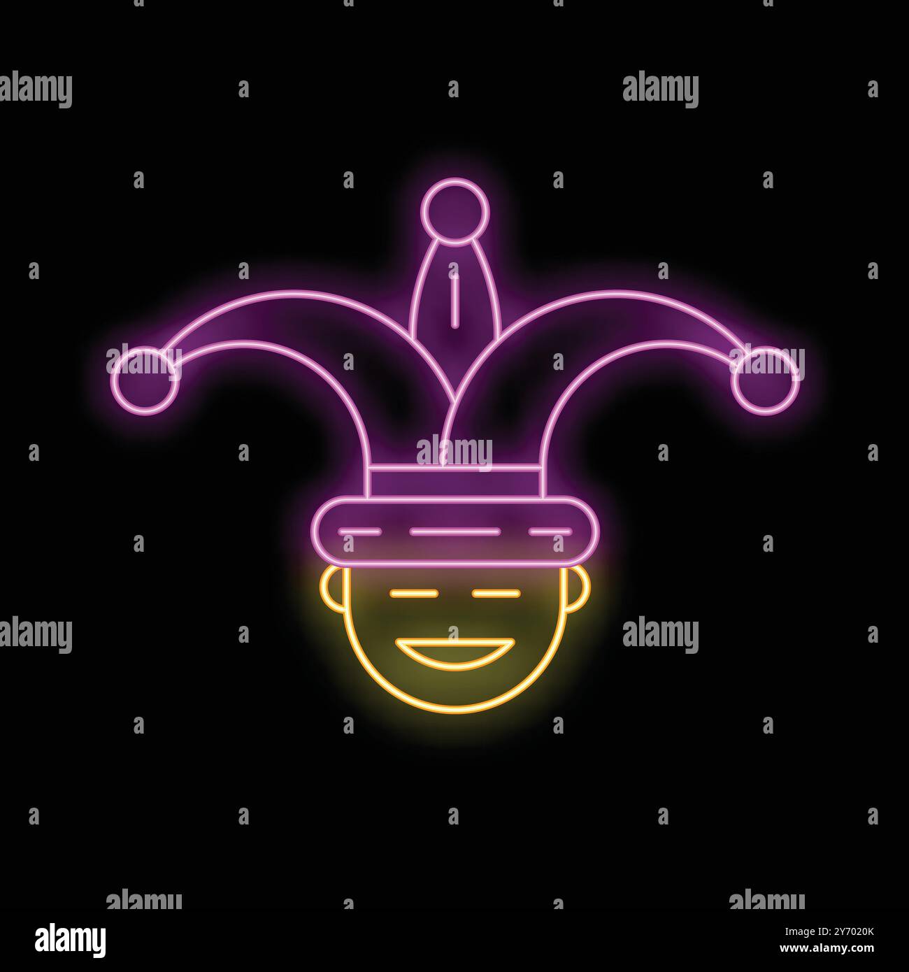 Neon sign representing a jester smiling with a jester hat, concept for ...