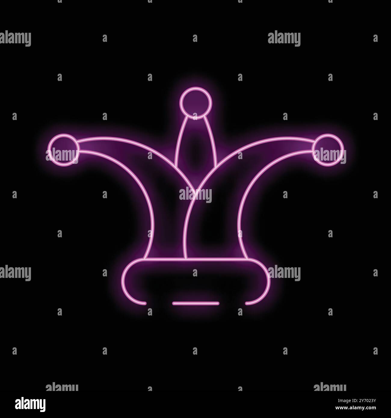 Neon sign representing a jester hat with three points, glowing purple ...