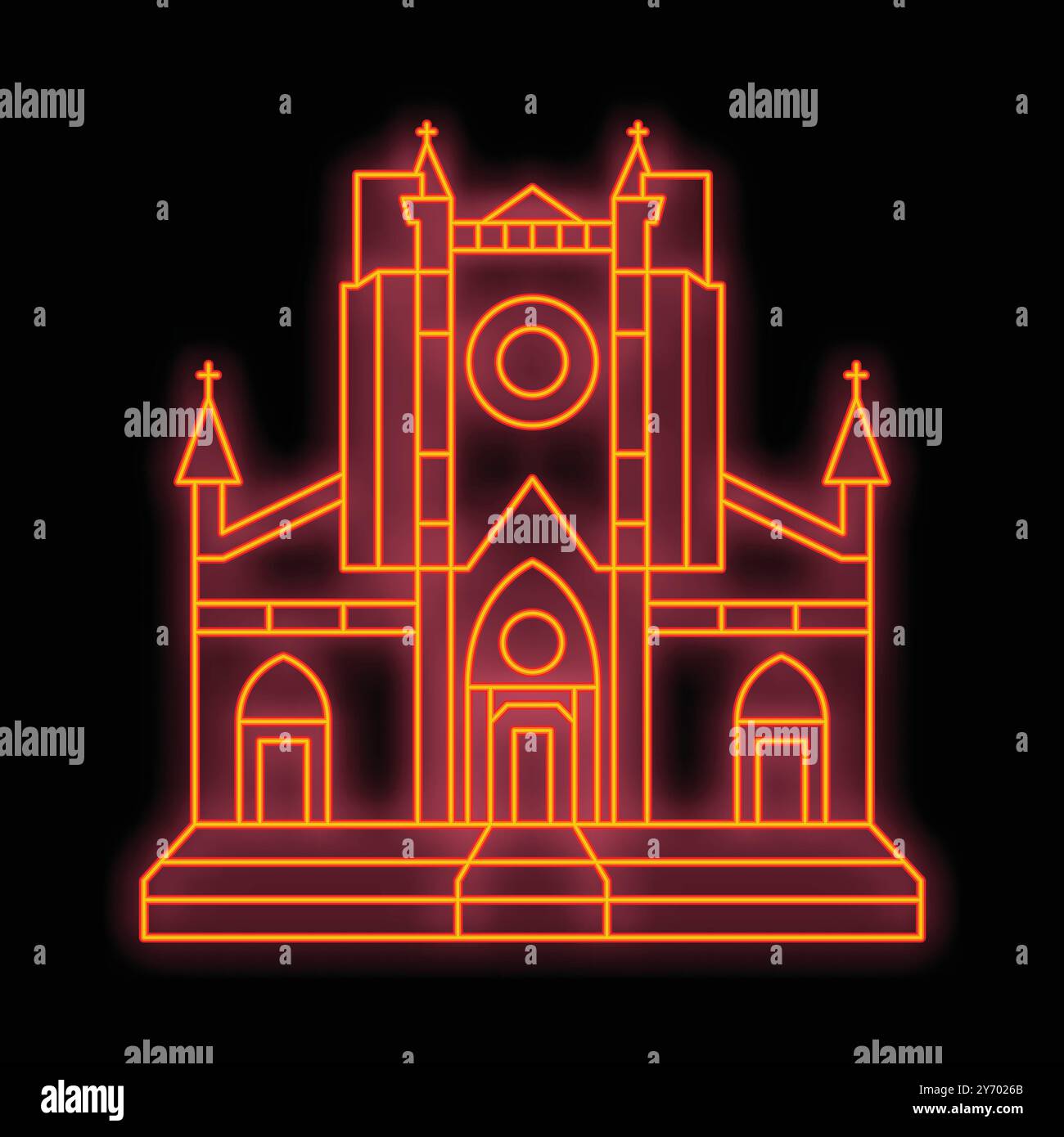 Vibrant neon sign depicting a church facade, radiating an orange glow ...
