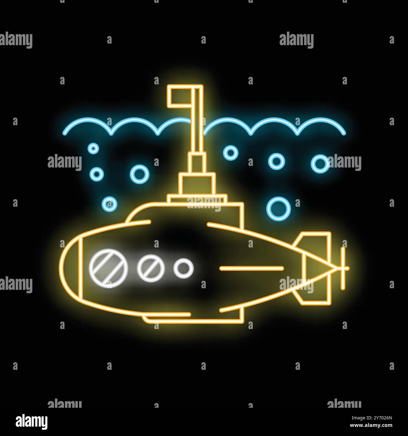 Neon sign depicting a yellow submarine navigating underwater with its ...