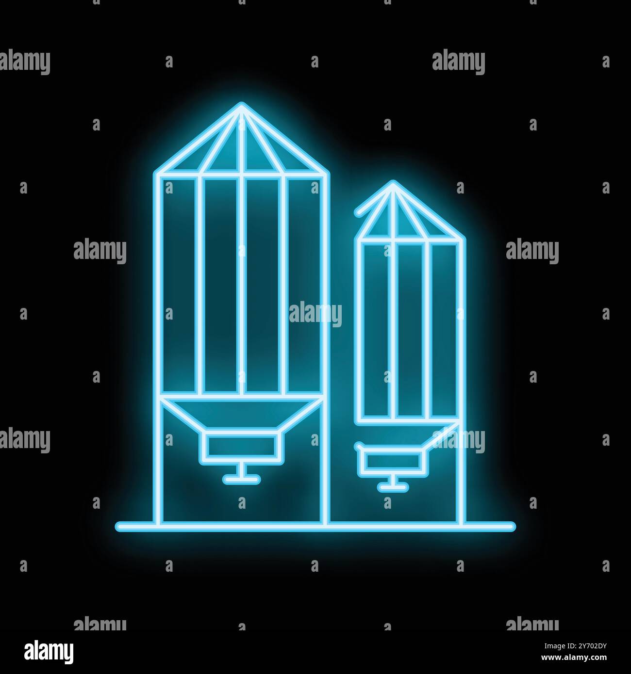 Blue neon sign of grain silos for agricultural storage on a black ...