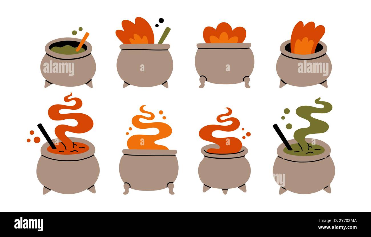 Halloween cauldron set. Flat cartoon icons. Vector illustration of ...