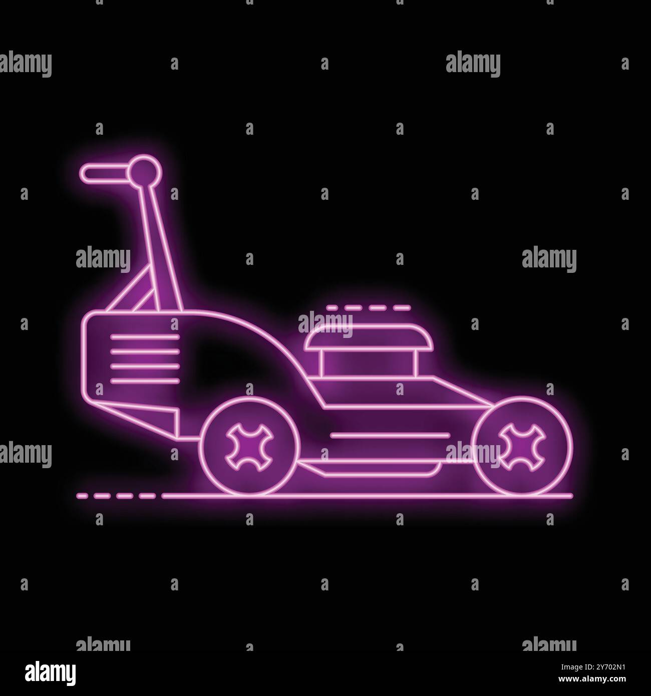 Glowing neon sign depicting a lawnmower with large wheels and a grass ...
