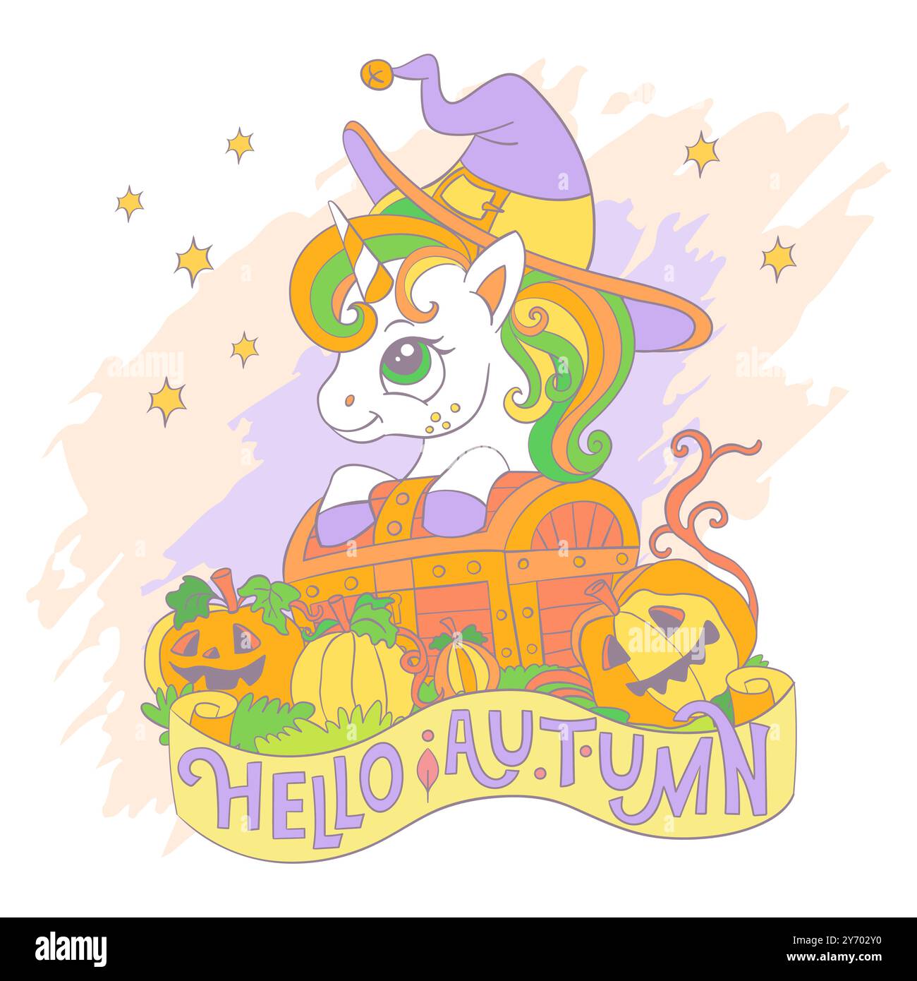 Halloween card unicorn with chest and pumpkins vector illustration ...