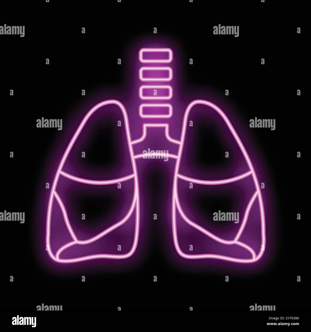 Neon icon of human lungs is glowing against a dark background ...