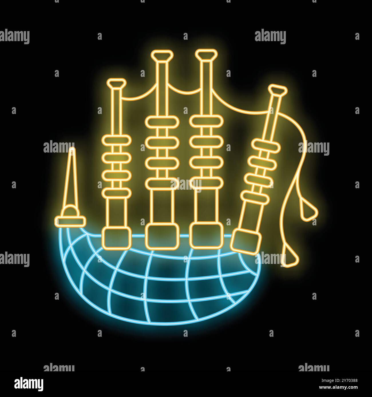 Yellow neon sign representing scottish bagpipes on top of planet earth ...