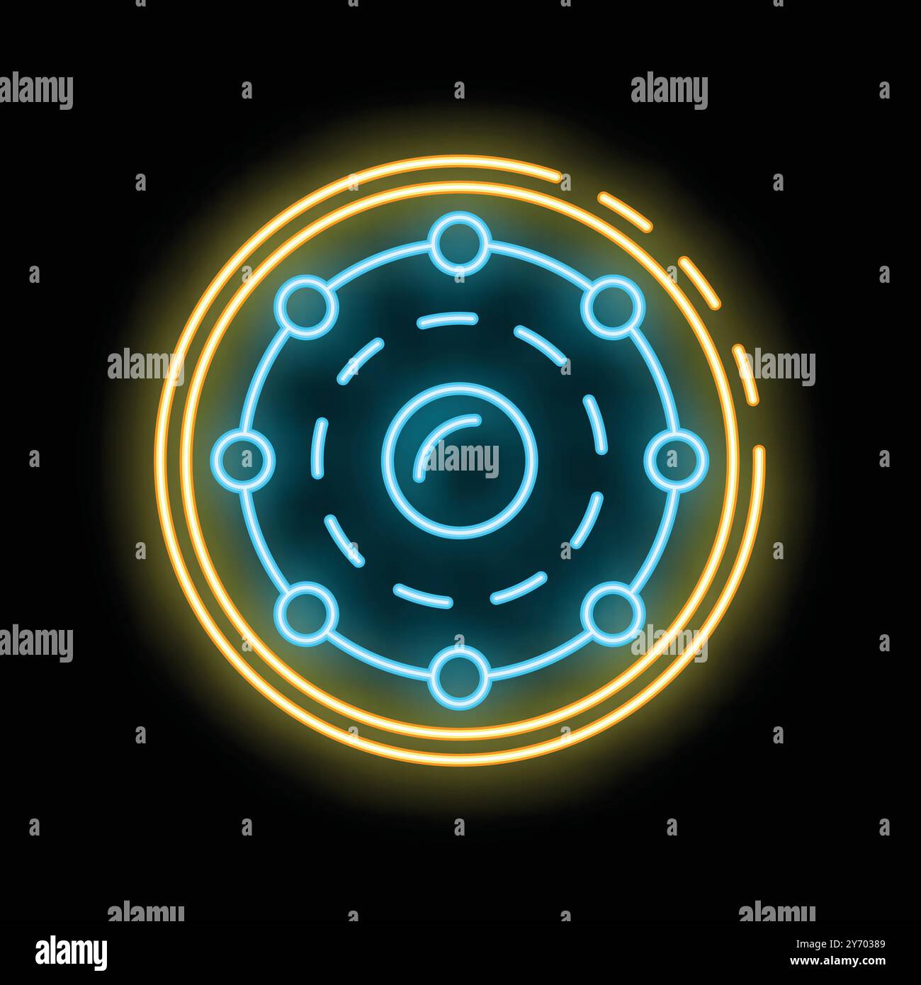 Bright neon sign depicting the structure of an atom, with a nucleus and ...