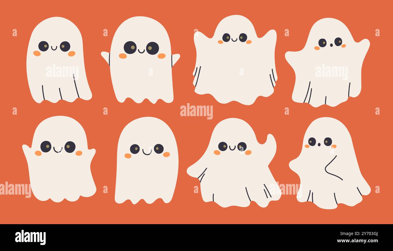 Cute Halloween ghosts set. Vector isolated illustration of adorable ...
