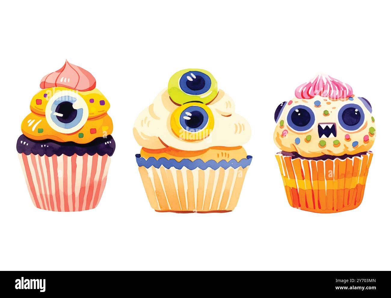 Watercolor Halloween cupcakes set. spooky decorated muffins. Halloween ...