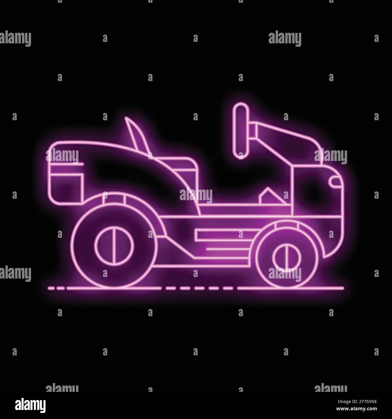 Purple neon sign of a tractor driving over a dashed line on a black ...