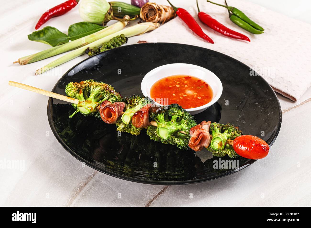 Thai Street foof satay with bacon and broccoli skewer Stock Photo - Alamy