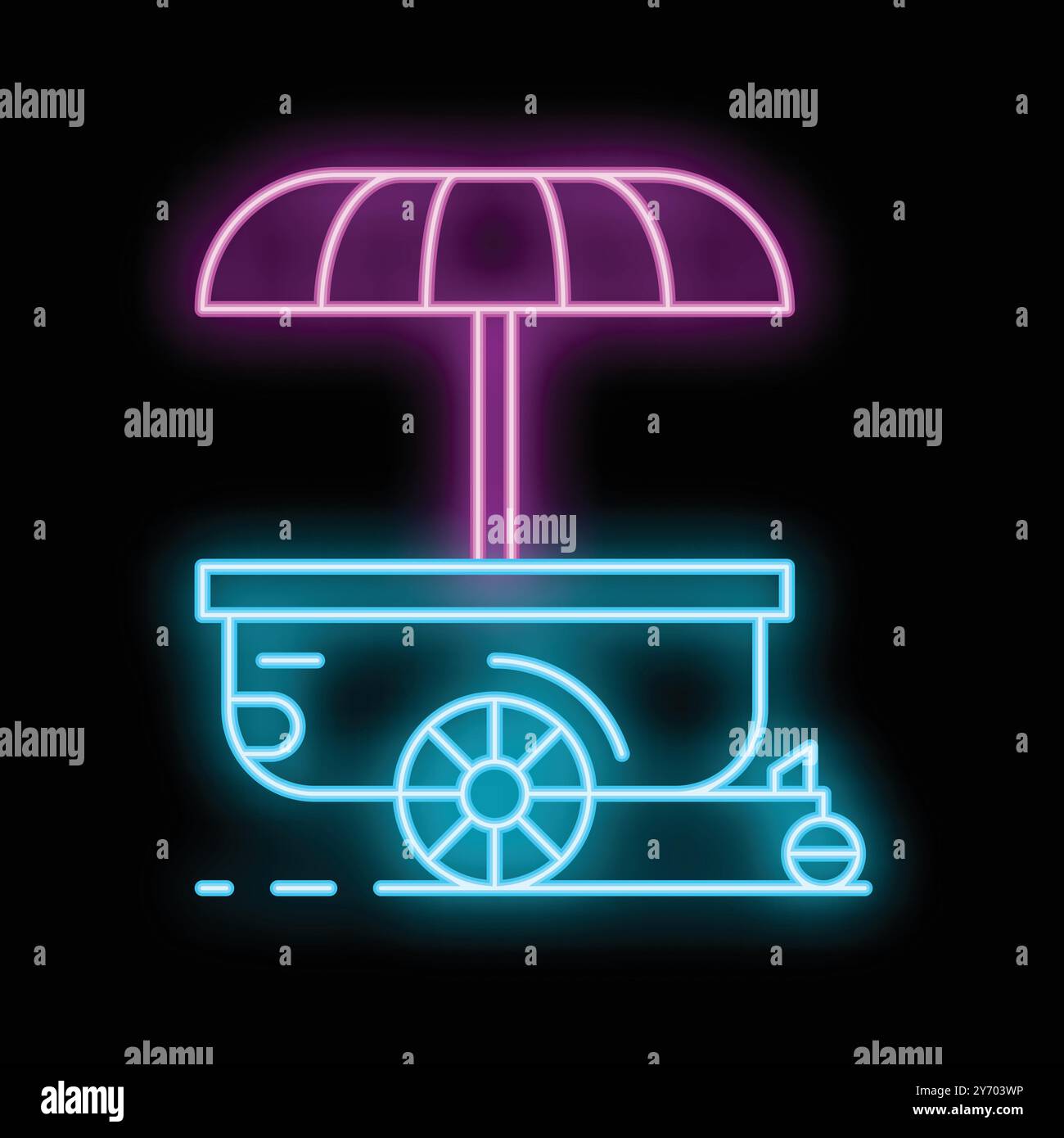 Glowing neon sign of a street food cart with an umbrella, perfect for ...