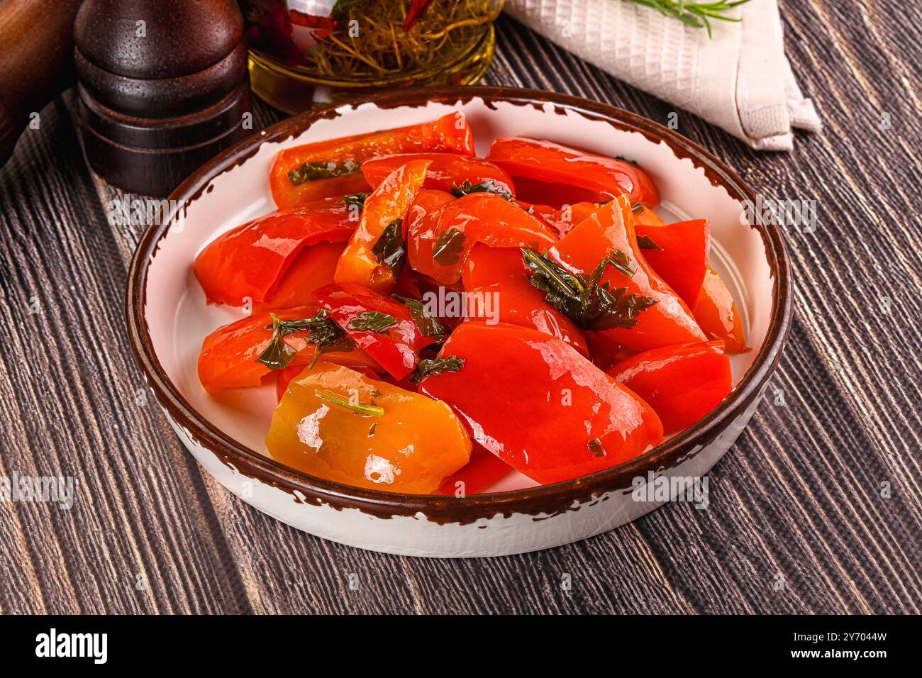 Homemade marinated red bell pepper in the bowl Stock Photo - Alamy