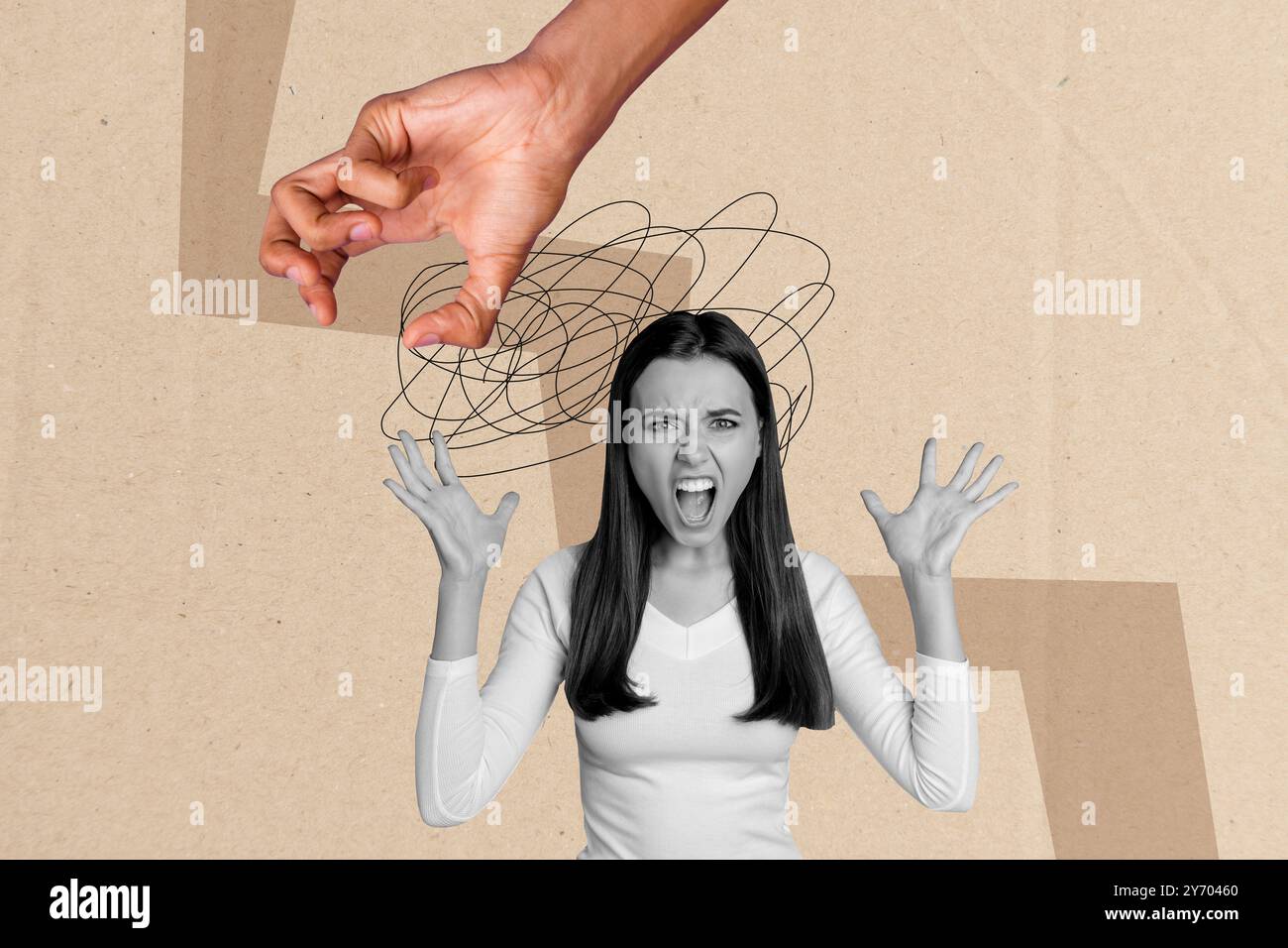 Creative collage image young woman scream shout scare drawing doodles ...